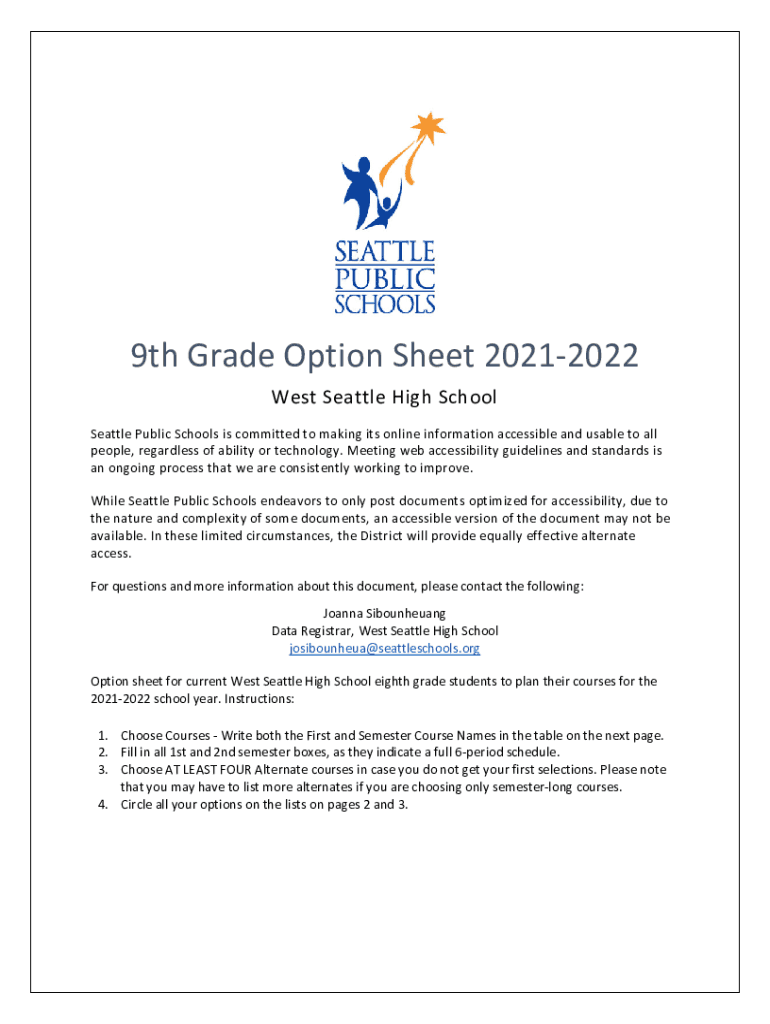 Fillable Online westseattlehs seattleschools 9th Grade Option Sheet ...