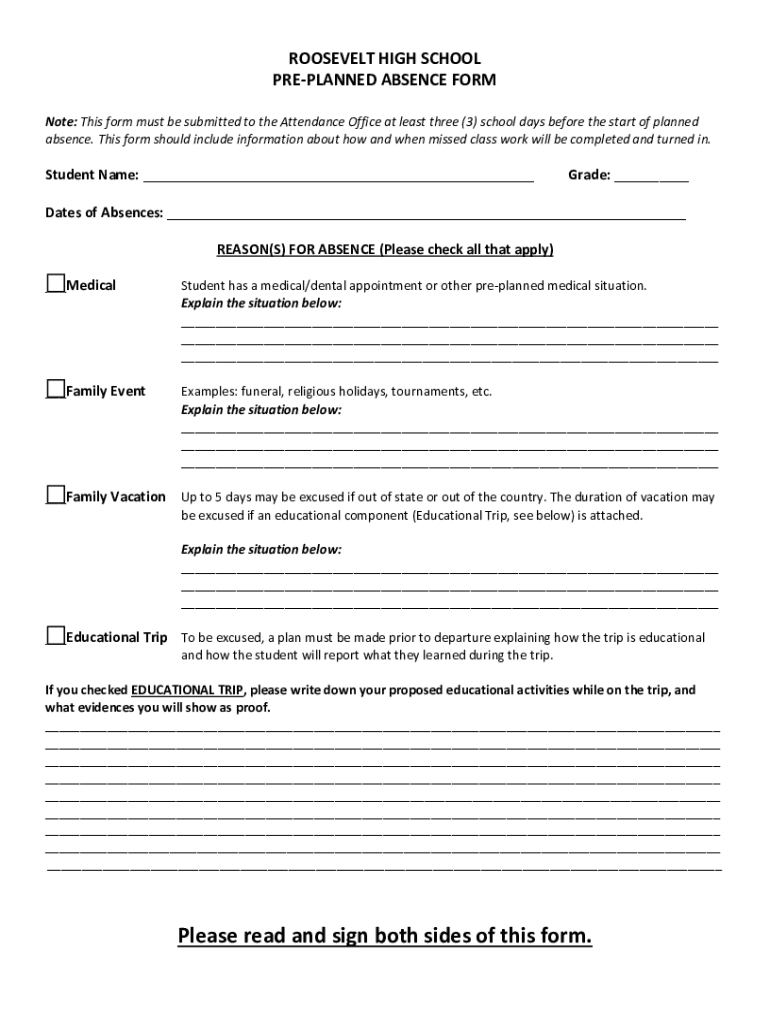 Fillable Online Pre-Planned Absence Form - Roosevelt High School Fax ...
