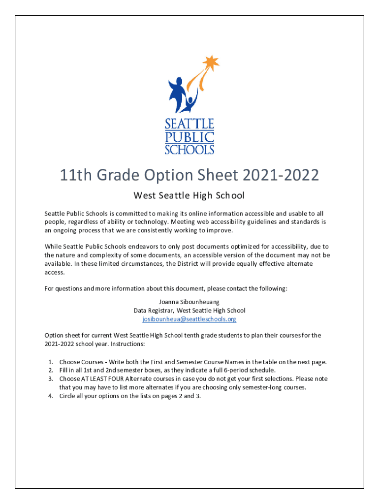 Fillable Online westseattlehs seattleschools 11th Grade Option Sheet Fax Email Print - pdfFiller