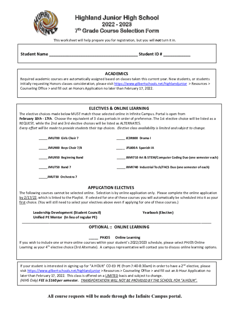 Fillable Online willis junior high school 7th grade course selection ...