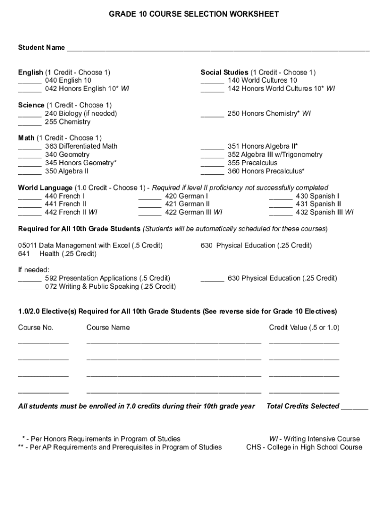 Fillable Online GRADE 10 COURSE SELECTION WORKSHEET Fax Email Print ...
