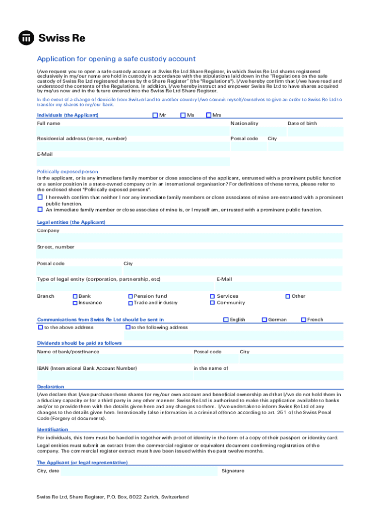 Fillable Online Application for opening a safe custody account - Swiss ...