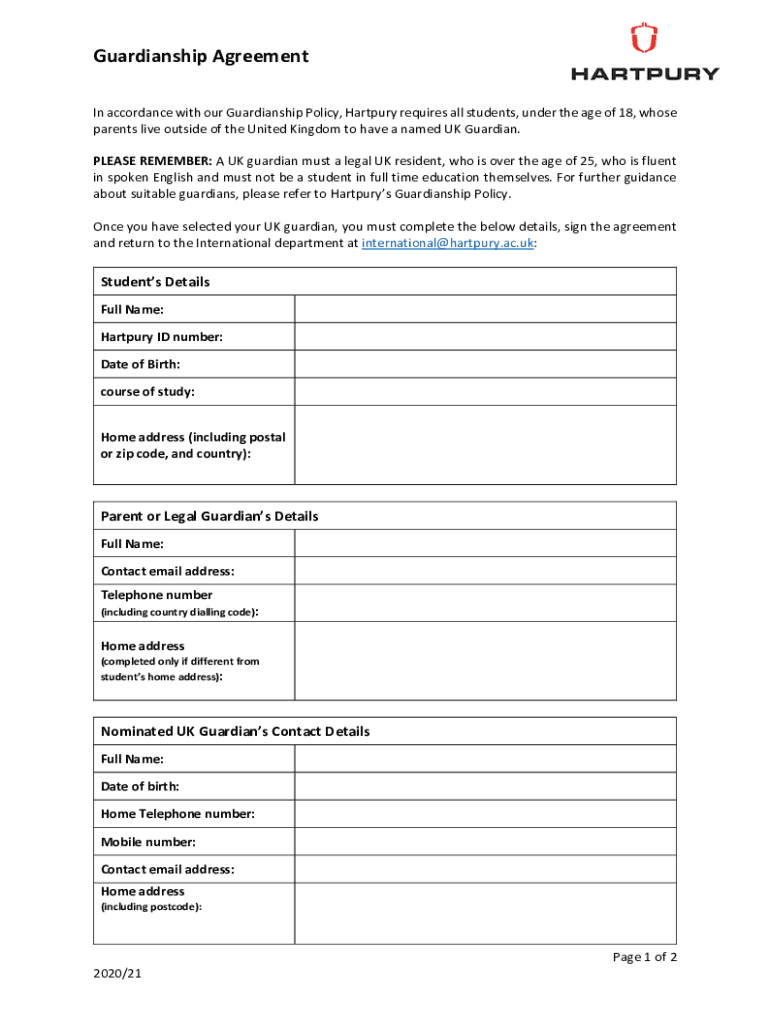 Fillable Online Guardianship Agency and Parent(s) Agreement Fax Email Print - pdfFiller