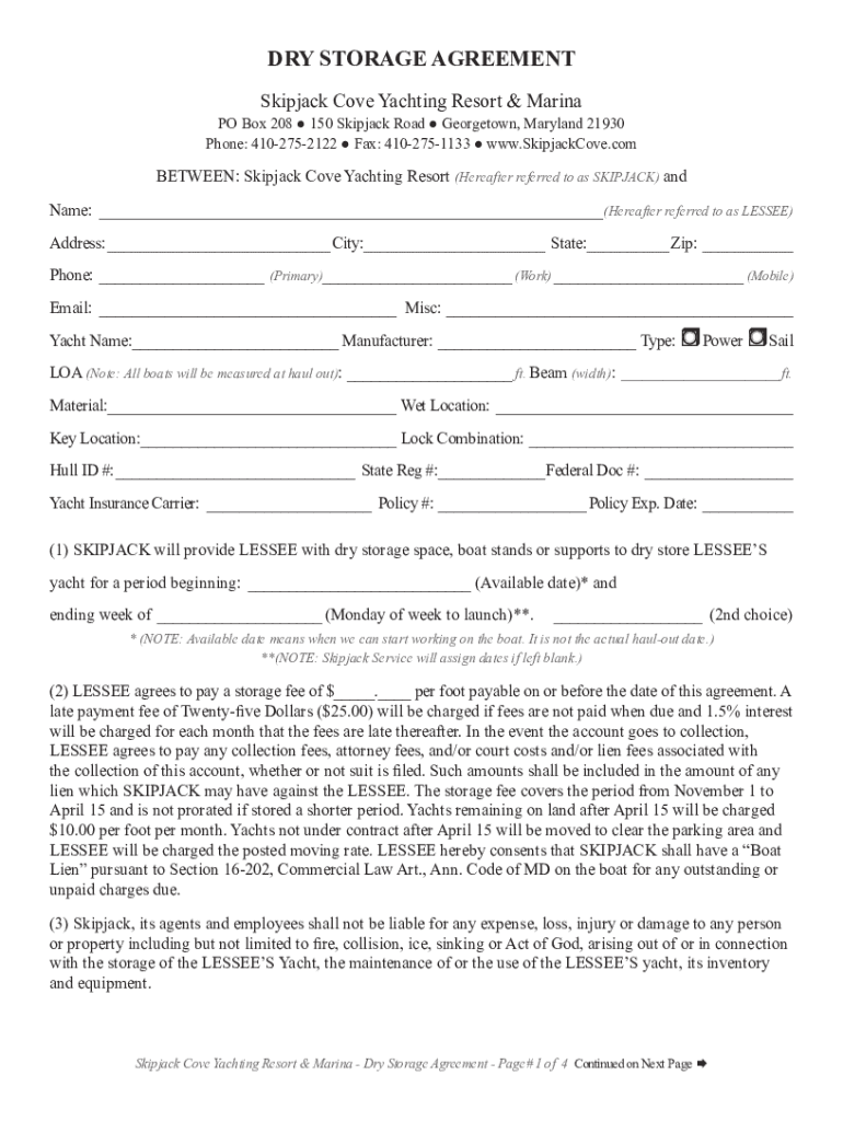 Fillable Online Dry Storage Agreement - Spring Cove Marina Fax Email Print - pdfFiller