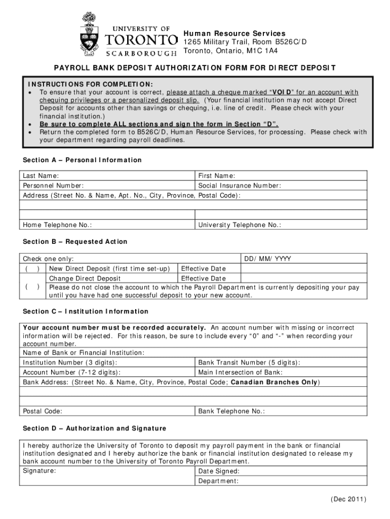 Fillable Online How to Complete: UofT Payroll - Bank Authorization Form ...