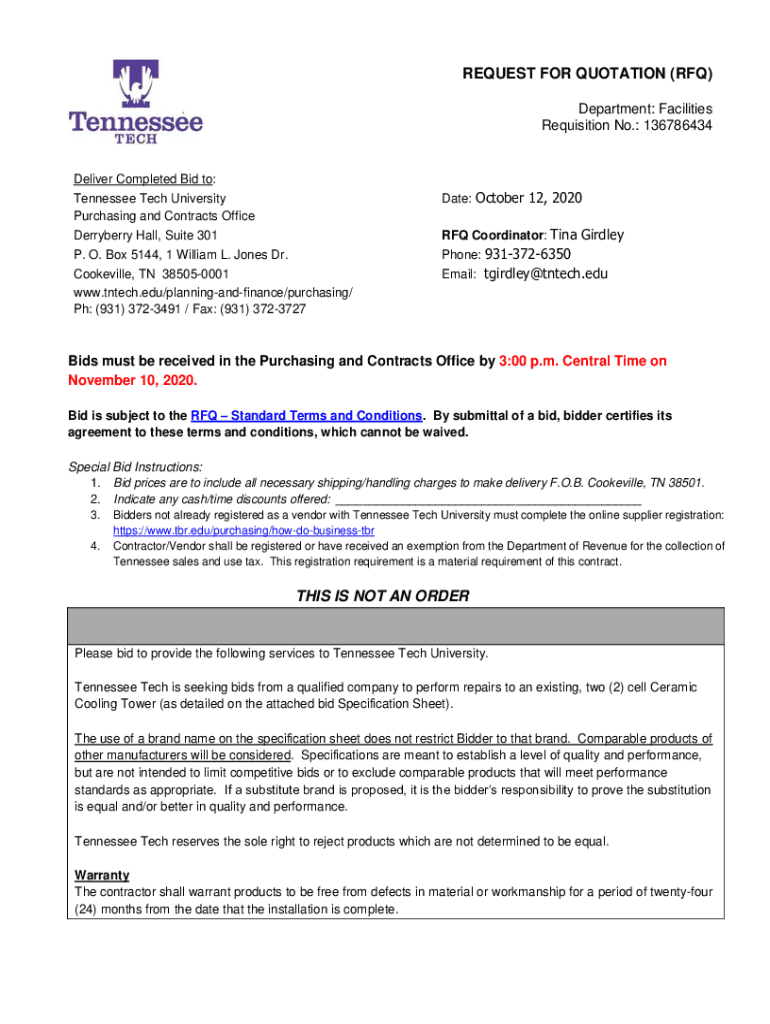 Fillable Online REQUEST FOR QUOTATION (RFQ) Bids must be received in ...