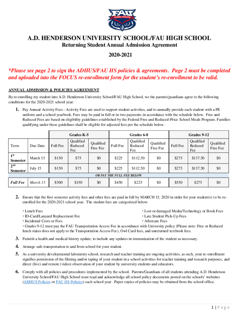 Fillable Online adhus fau A.D. Henderson University School - Florida Atlantic University Fax ...