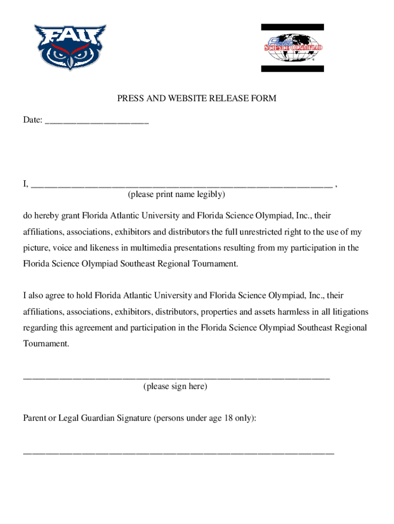 Fillable Online science fau press and website release form - Florida ...