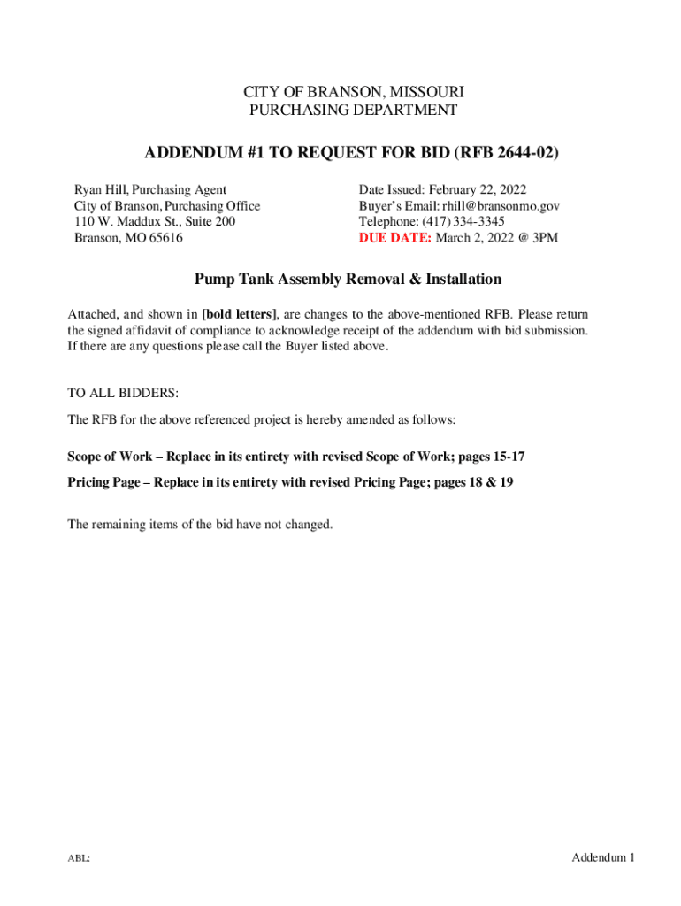 Fillable Online ADDENDUM #1 TO REQUEST FOR BID (RFB) 2646 ... - Branson, MO Fax Email Print ...