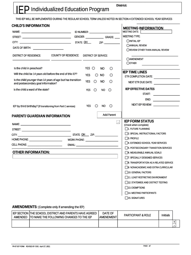2021-2025 Form OH PR-07 IEP Fill Online, Printable, Fillable, Blank - pdfFiller