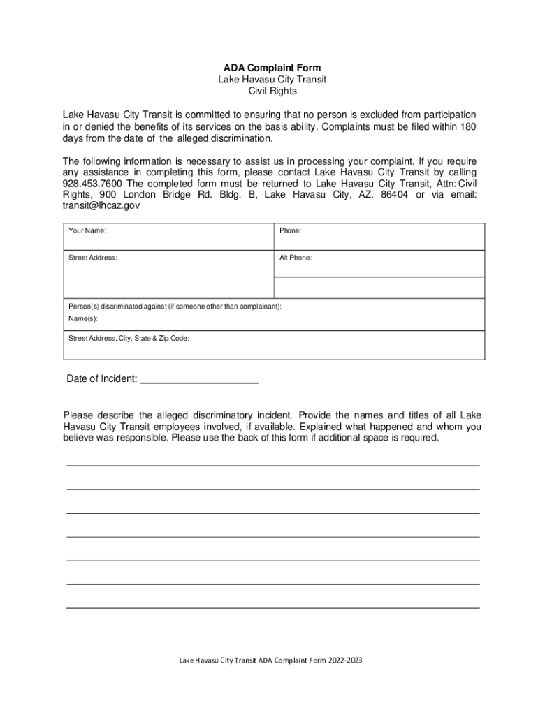 Fillable Online ADA Complaint Form Lake Havasu City Transit Civil Rights Lake ... Fax Email ...