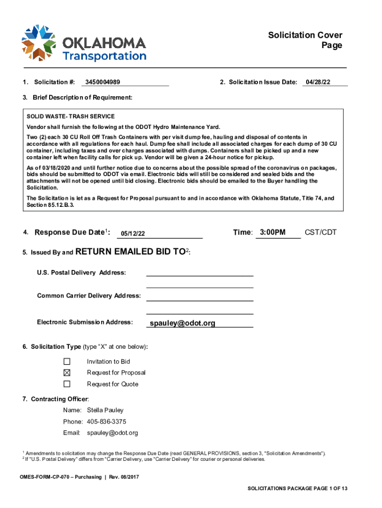 Fillable Online Solicitation Cover Page Template - Oklahoma.gov Fax ...
