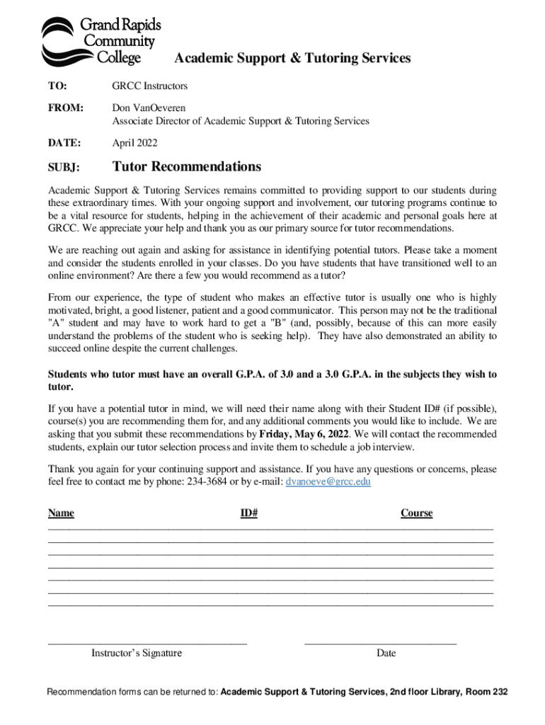 Fillable Online Tutor recommendation form Fax Email Print - pdfFiller