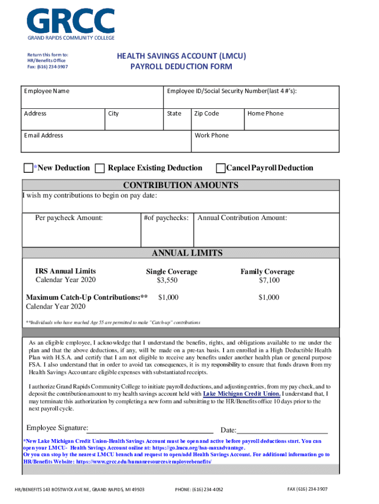 Fillable Online Health Savings Account (LMCU) Payroll Deduction Form Fax Email Print - pdfFiller