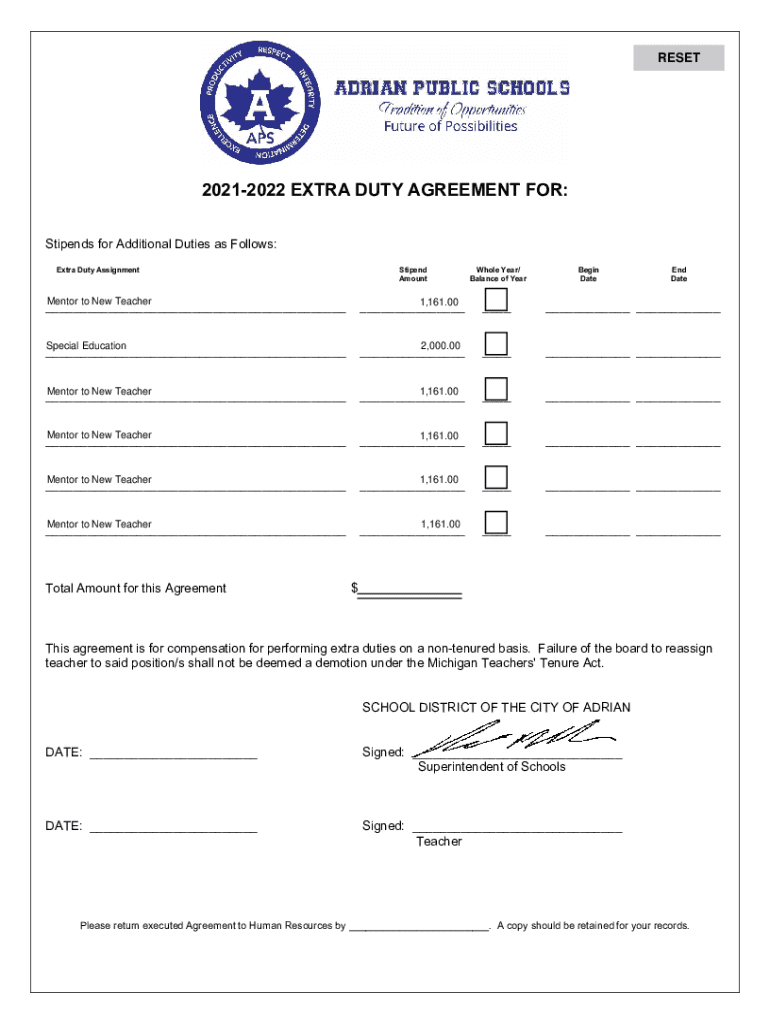 Fillable Online Sample Stipend-Extra Duty AgreementMissouri Department ...