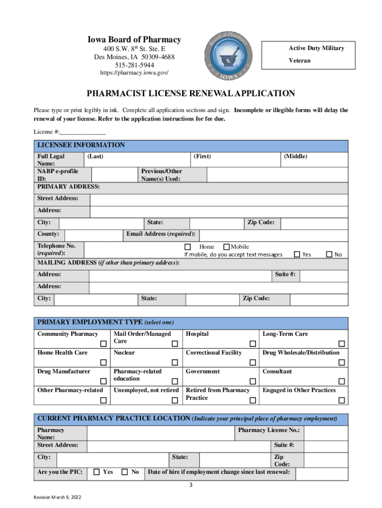 Fillable Online Pharmacist Applications and Forms - Iowa Board of ...