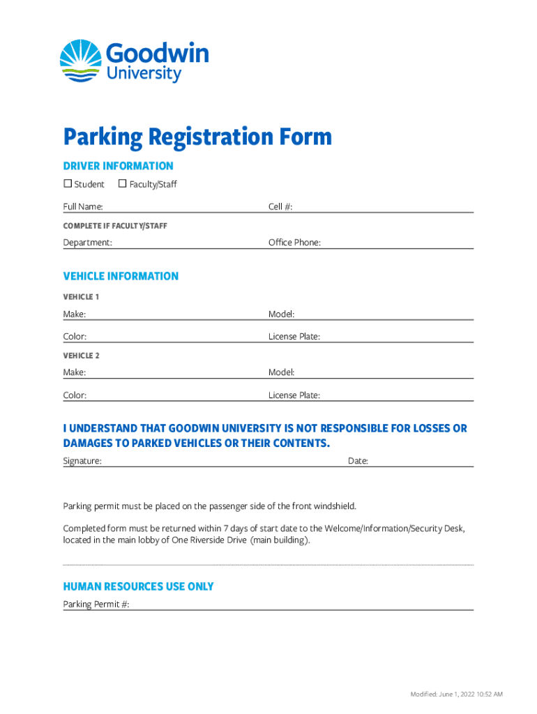 Fillable Online Faculty-Staff Vehicle Registration Form- Parking Fax ...