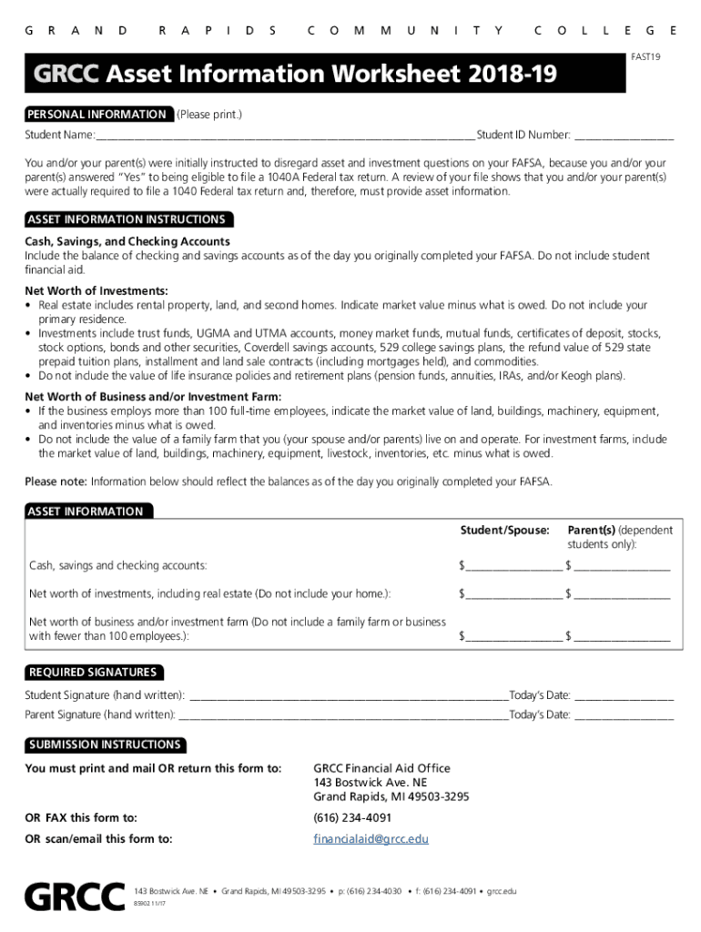 Fillable Online Asset Information Worksheet 2018-19 Fax Email Print ...