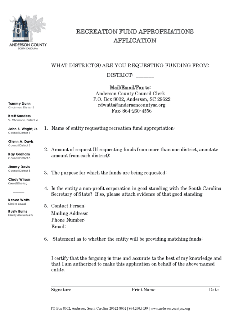 Fillable Online Recreation Fund Appropriations Form - Anderson County ...