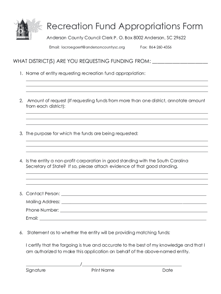 Fillable Online RECREATION FUND APPROPRIATIONS APPLICATION Fax Email ...