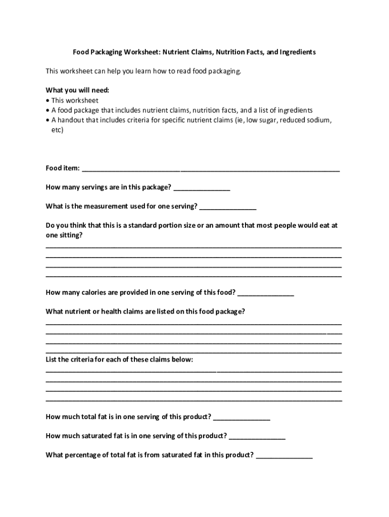 Fillable Online Food Packaging Worksheet: Nutrient Claims, Nutrition Facts ... Fax Email Print ...