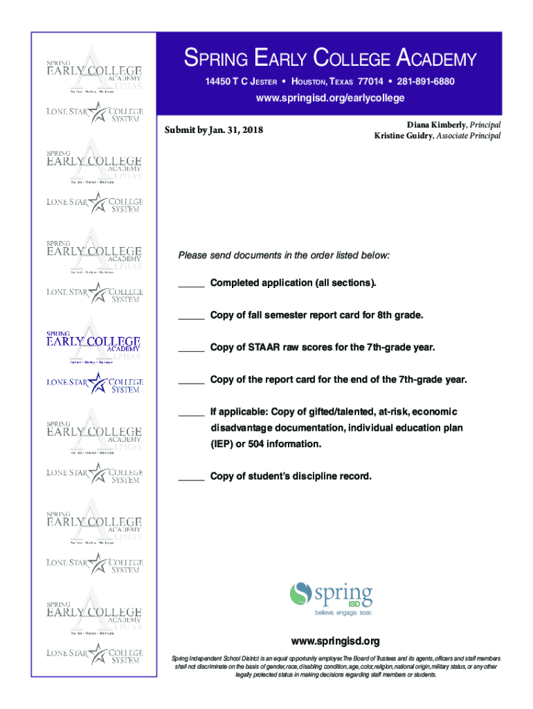 Fillable Online Spring Early College Academy Student / Parent Handbook ...
