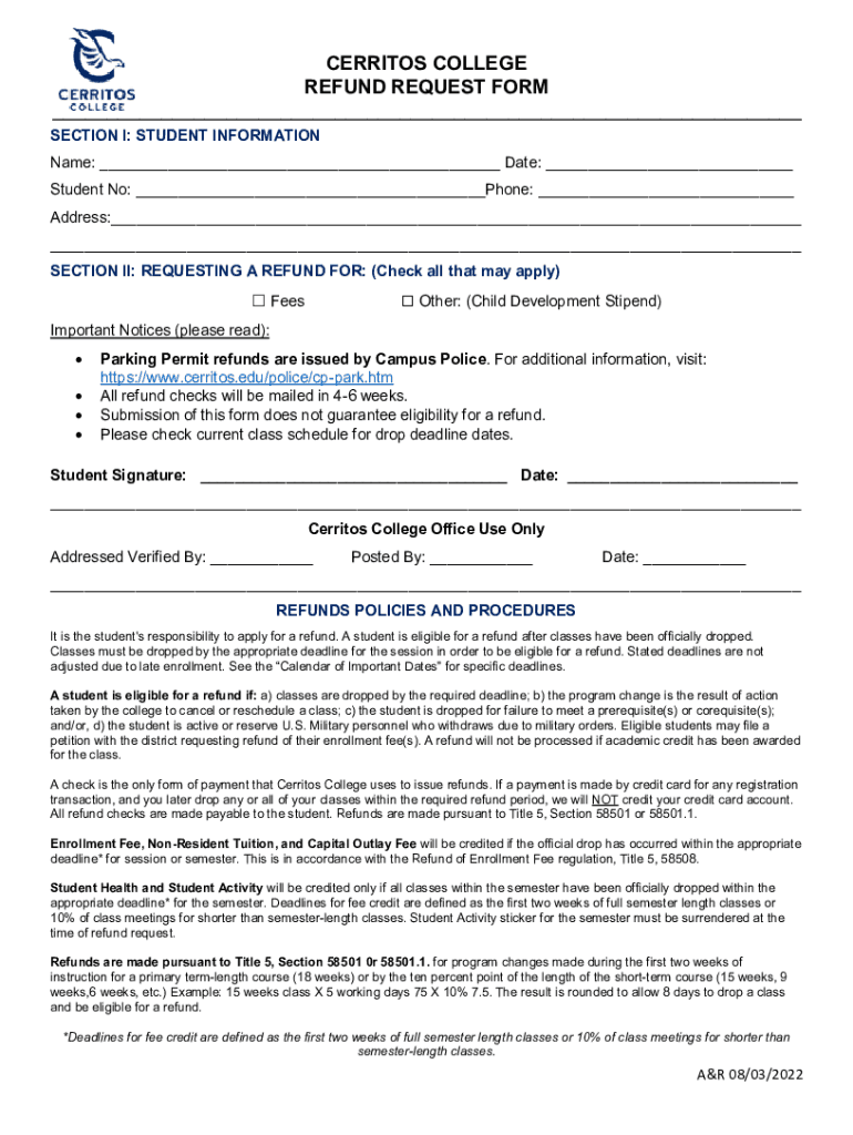 Fillable Online Refund Request Form - Cerritos College Fax Email Print ...