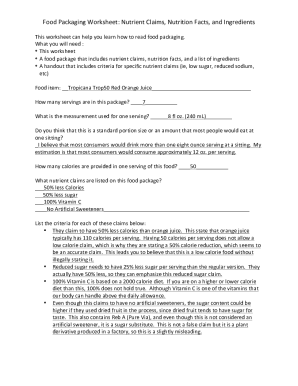Fillable Online 411 Food Packaging Worksheet, Nutrient Claims ...