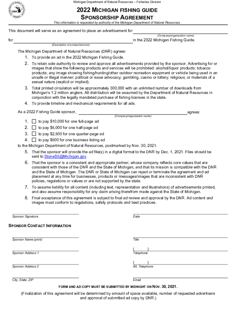 Fillable Online 2022 Michigan Fishing Guide sponsorship agreement form ...