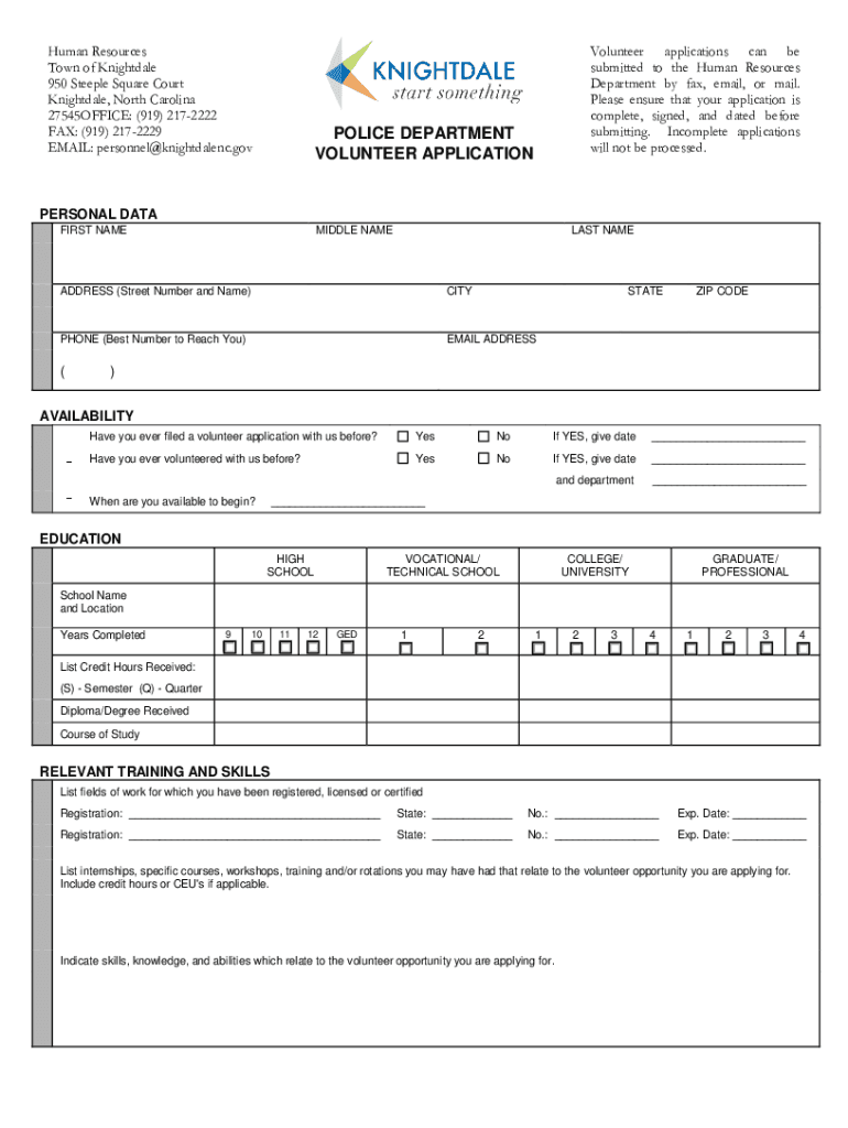 Fillable Online Police Department Volunteer Application. Police ...