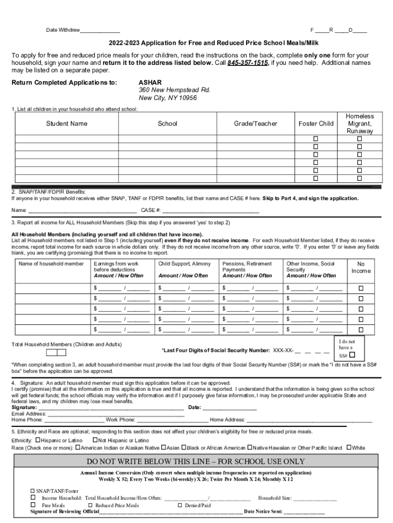 Fillable Online 2022-2023 Free and Reduced Income Application and Fact ...