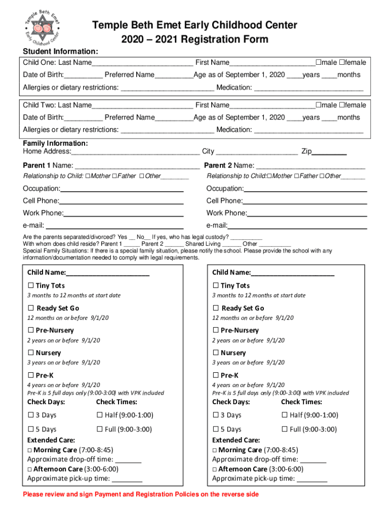 Fillable Online ECC Registration 21-22 - Form - Temple Beth Emet Fax ...