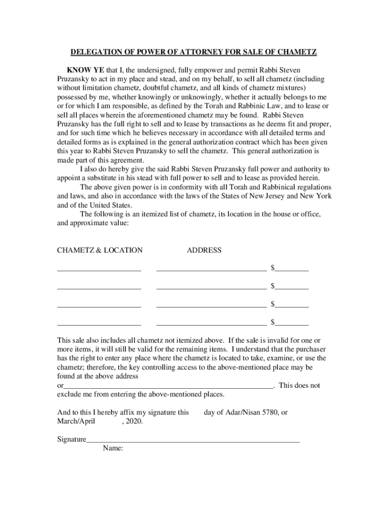 Fillable Online delegation of power of attorney for sale of chametz ...