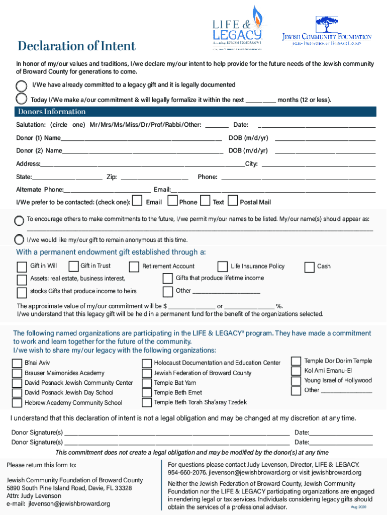 Fillable Online Letter of Intent - The Jewish Federation of Broward County Fax Email Print ...