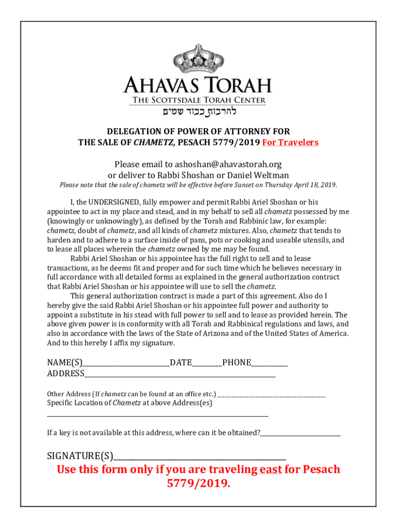 Fillable Online TRAVELERS Sale of Chametz Authorization Pesach 2019 Fax ...