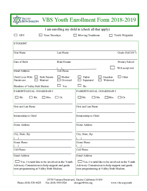 Fillable Online VBS Youth Enrollment Form 2018-2019 - ShulCloud Fax ...