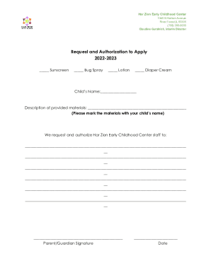 Fillable Online Request and Authorization to apply bug spray and sun ...