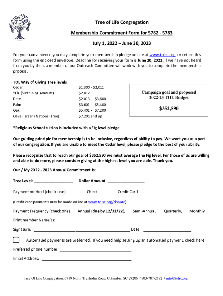 Fillable Online Tree of Life Congregation Membership Commitment Form ...