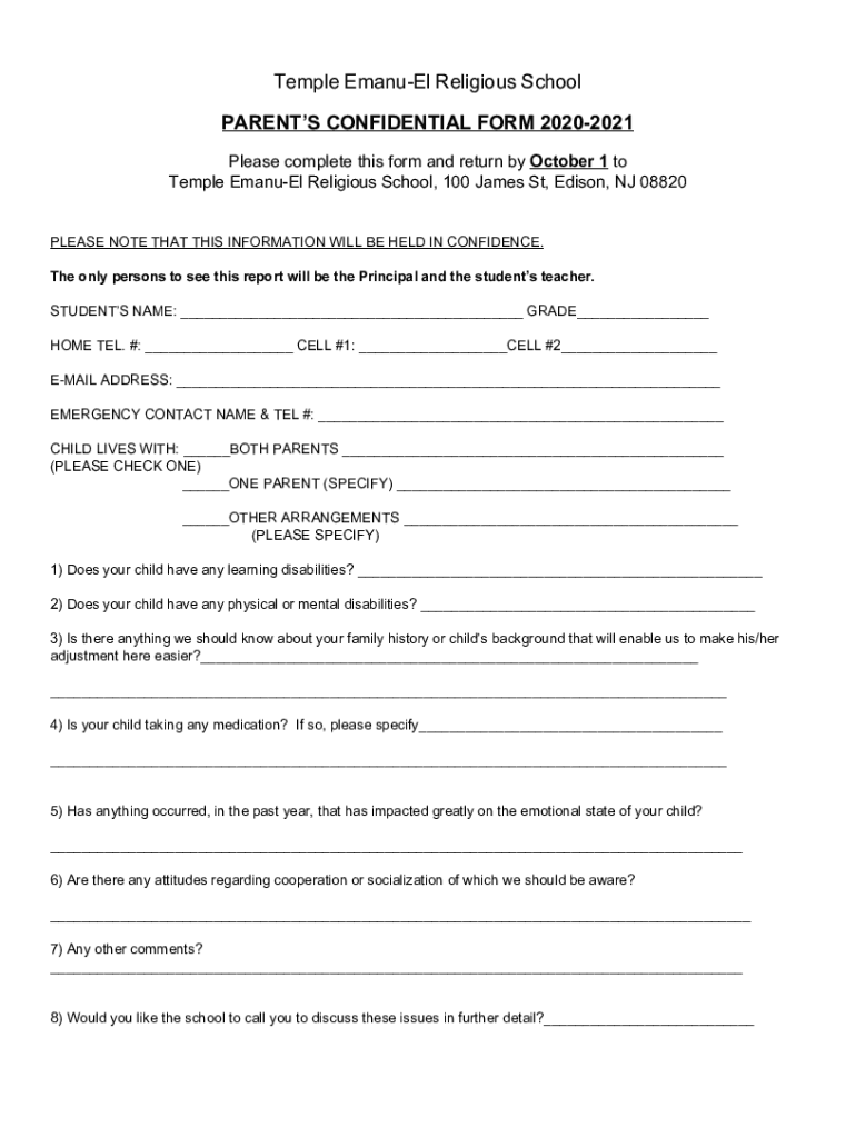 Fillable Online Temple Emanu-El Religious School PARENT'S ...
