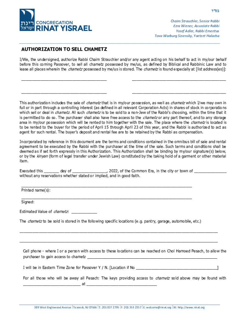 Fillable Online AUTHORIZATION TO SELL CHAMETZ - ShulCloud Fax Email Print - pdfFiller
