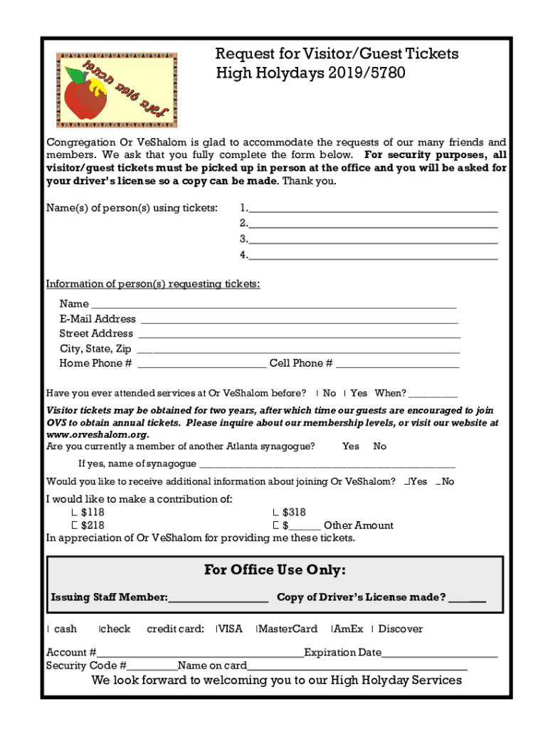 Fillable Online High Holiday 2019 Guest Ticket Request - Form Fax Email ...