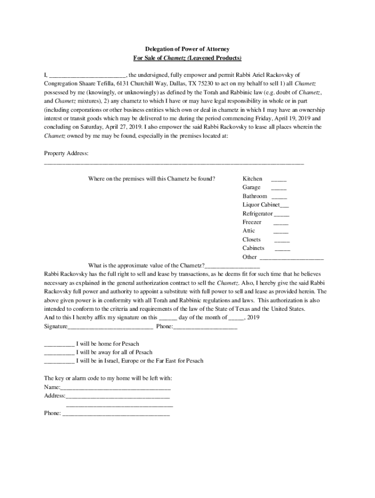Fillable Online Delegation of Power of Attorney For Sale of Chametz ...