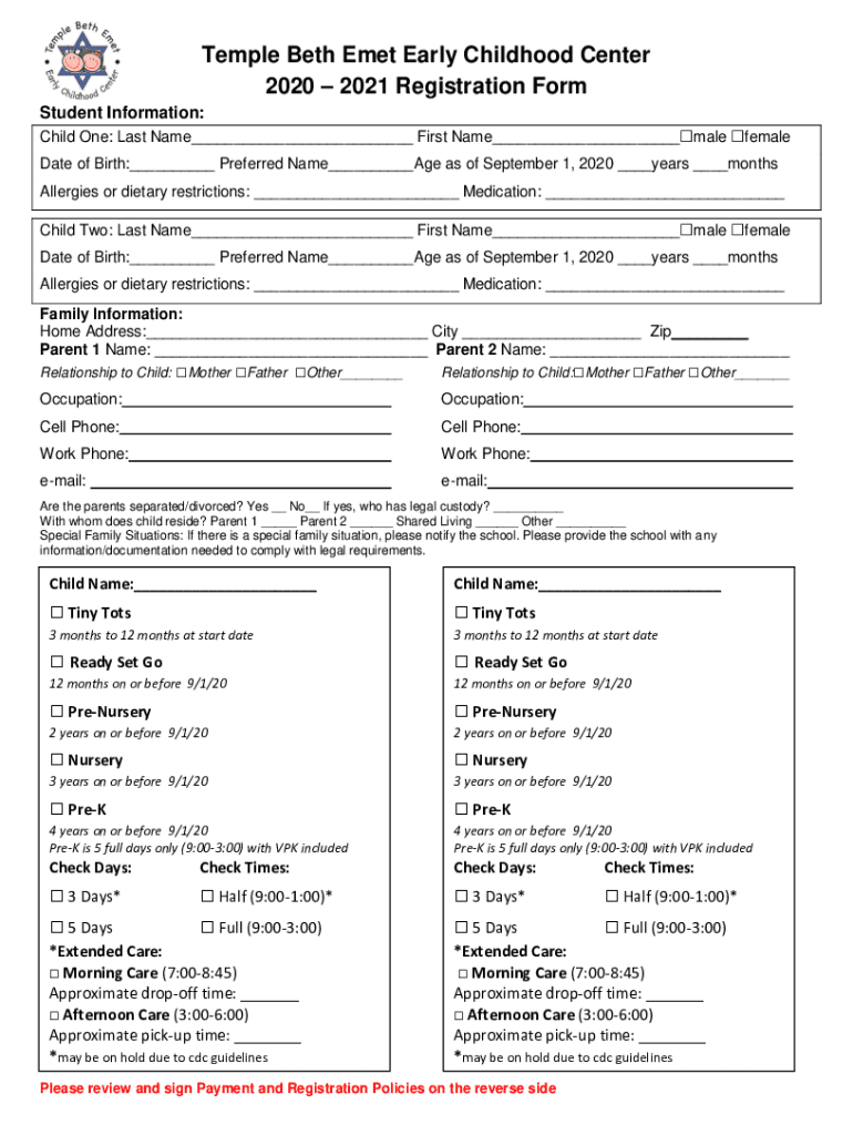 Fillable Online Early Childhood Center - Temple Beth Emet Fax Email ...
