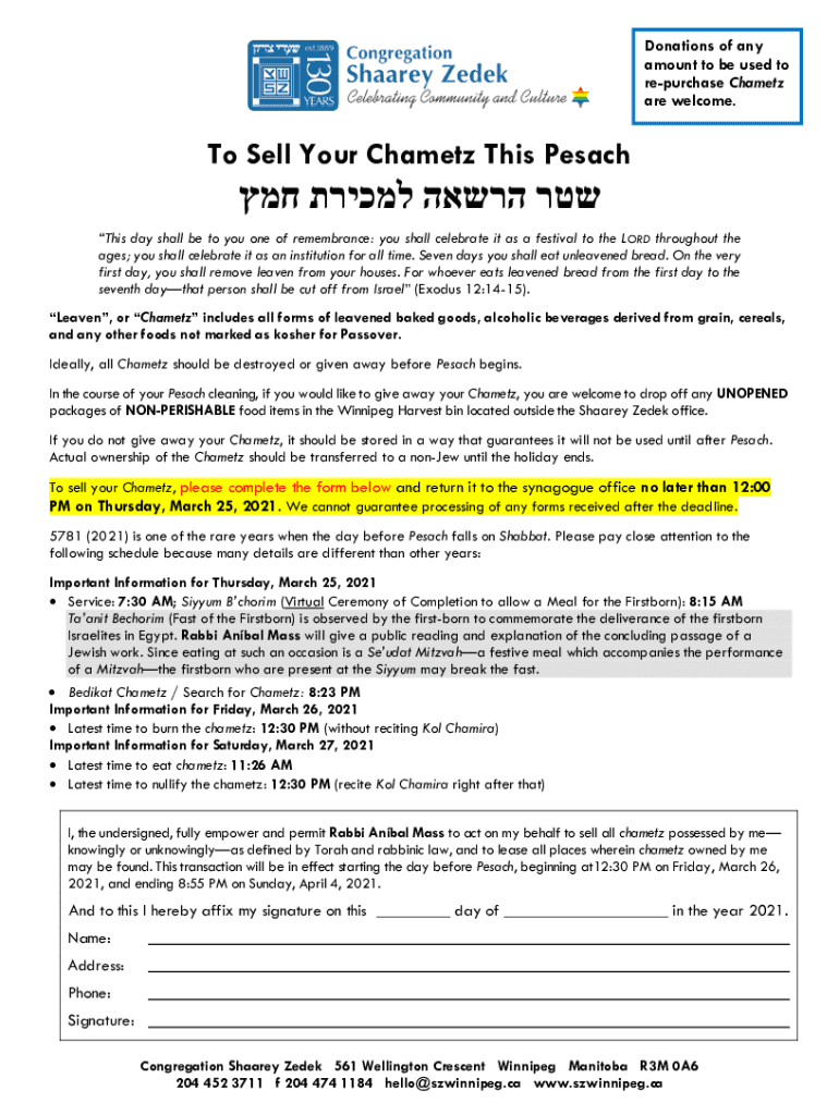 Fillable Online Sell Your Chametz Form Fax Email Print - pdfFiller
