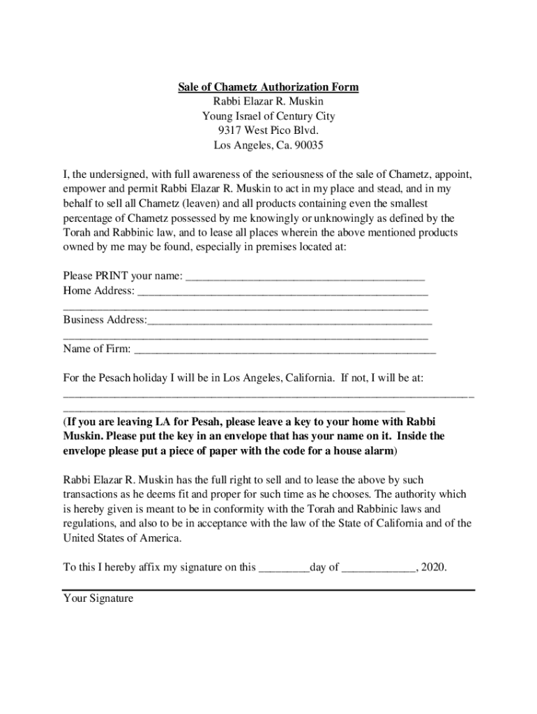 Fillable Online Sale of Chametz Authorization Form Rabbi Elazar R ...