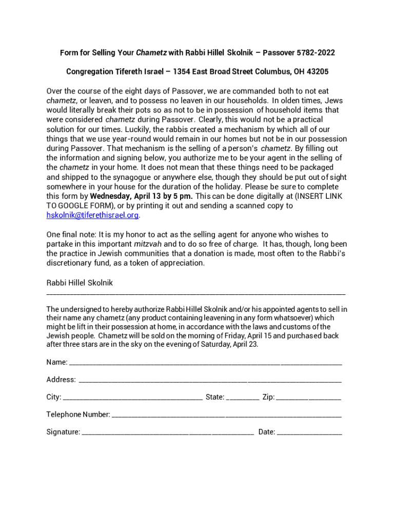 Fillable Online Form for Selling Your Chametz with Rabbi Hillel Skolnik ...