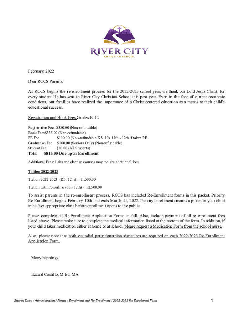 Fillable Online Re-Enrollment Letter to Families - St. Joseph ...