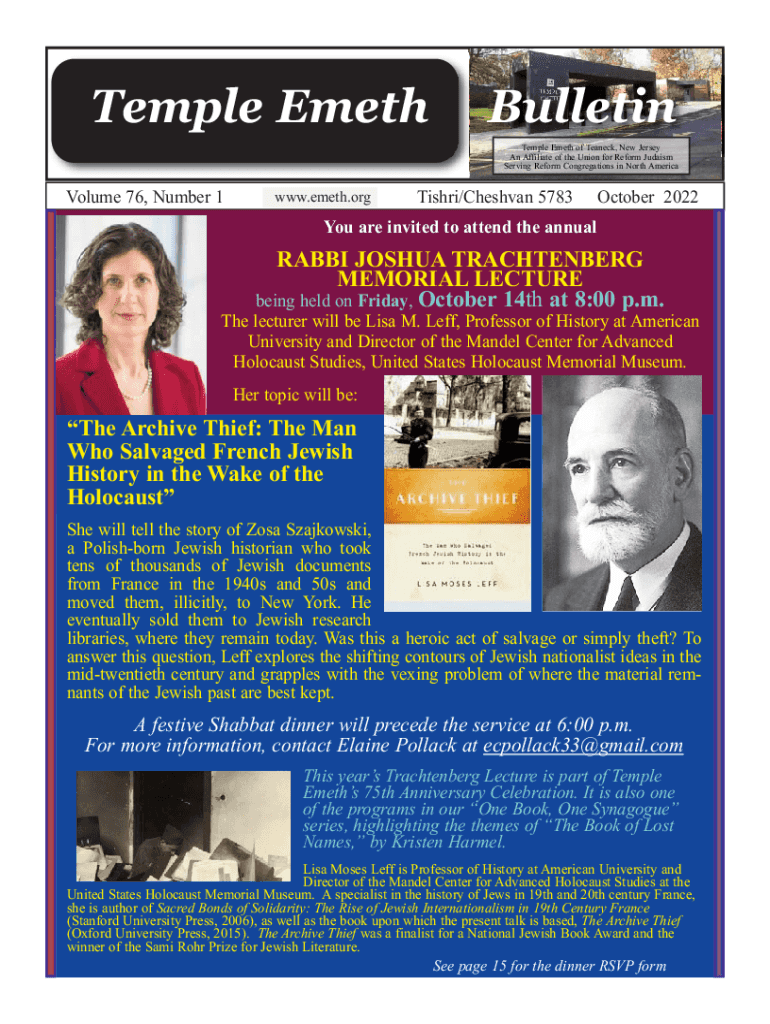 Fillable Online Temple Emeth Bulletin - American Jewish Archives Fax ...