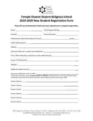 Fillable Online Religious School registration form - Temple Sholom Fax ...
