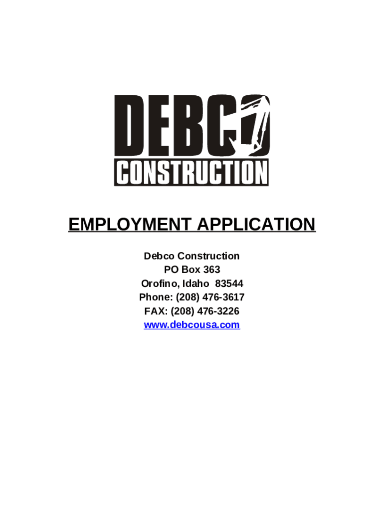 APPLICATION FOR EMPLOYMENT - Debco Construction Doc Template | pdfFiller